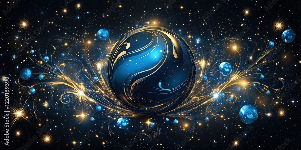 Elegant cosmic wallpaper featuring a central navy blue and gold planet ...