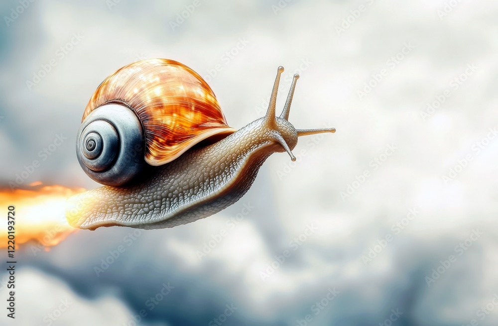 Imaginative depiction of a snail soaring through clouds with vibrant ...