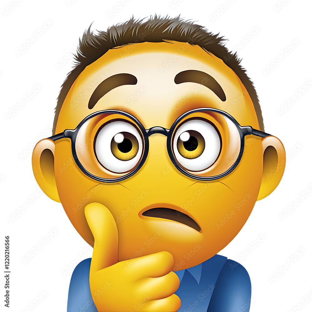 Thinking emoji with glasses and curious look on transparent background ...