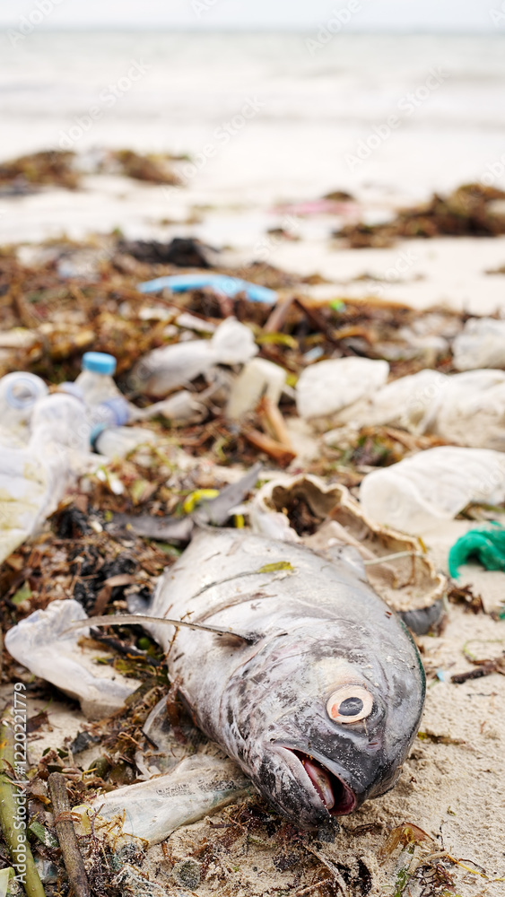 Ocean plastic pollution, dead fish on a beach, microplastics and bottle ...