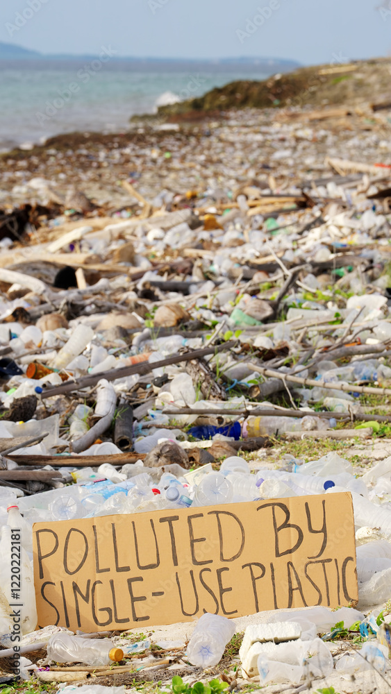 Beach polluted by single use plastic, bottles littering shoreline ...