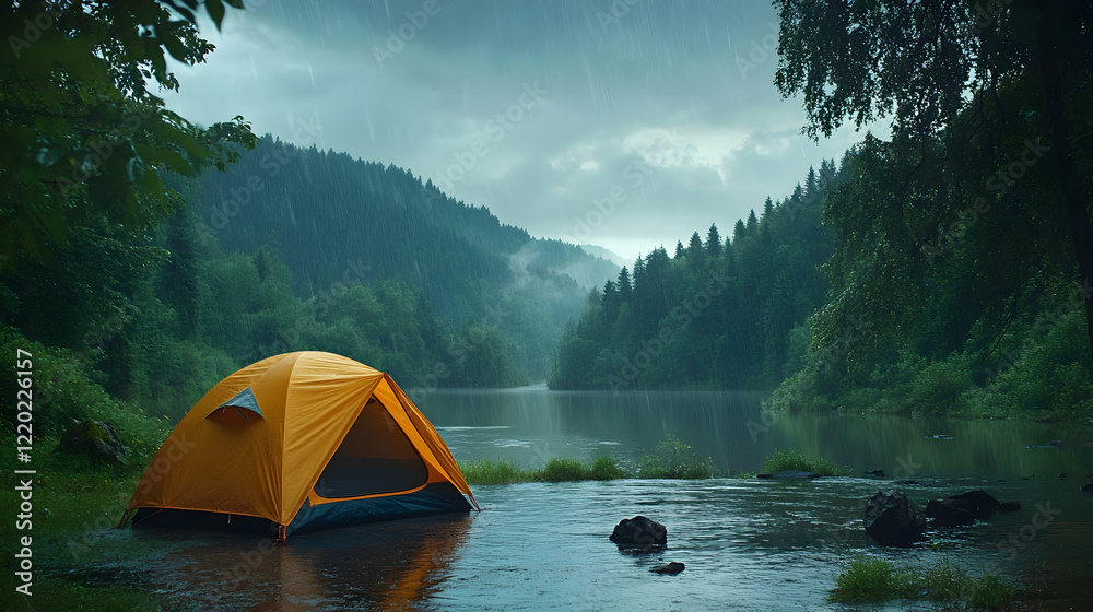 Rainy campsite by river in mountains; flooded tent; nature background ...