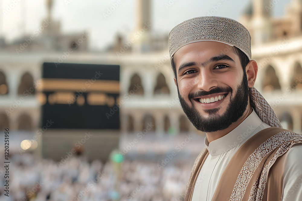 Muslim man, Arabian man, Kaaba in Mecca background, performing Hajj ...