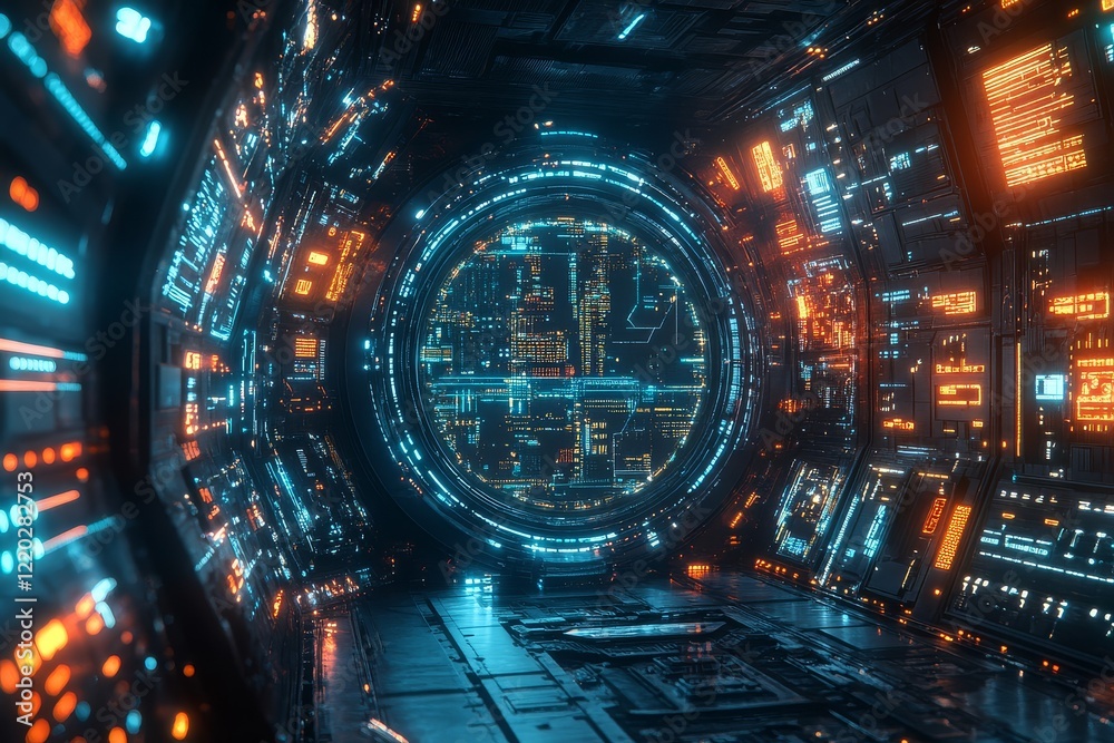 Futuristic background with blue - teal lighting, illuminated circular stage and circuit - board ...