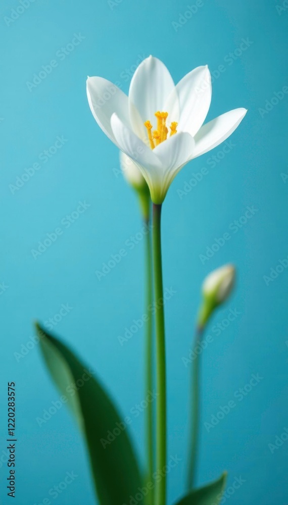 Delicate white buds of Zephyranthes candida on Arctic blue background ...