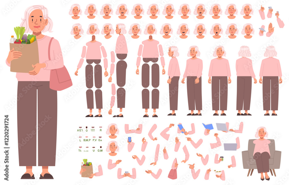 Mature woman character constructor. Cute elderly woman pensioner. Set ...