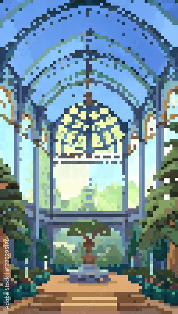 Interior of Victorian conservatory building pixel art background. 8-bit ...