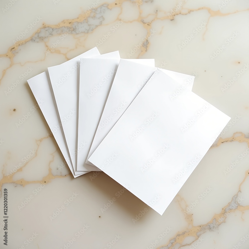 Blank white cards fanned out on a marble surface. Perfect for mockups ...