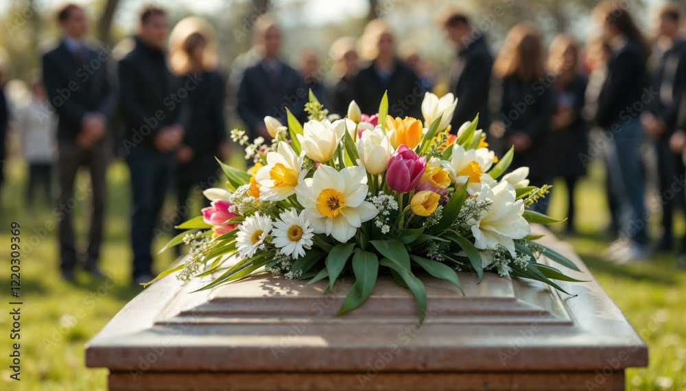 An outdoor funeral service with an eco friendly coffin, spring flowers ...