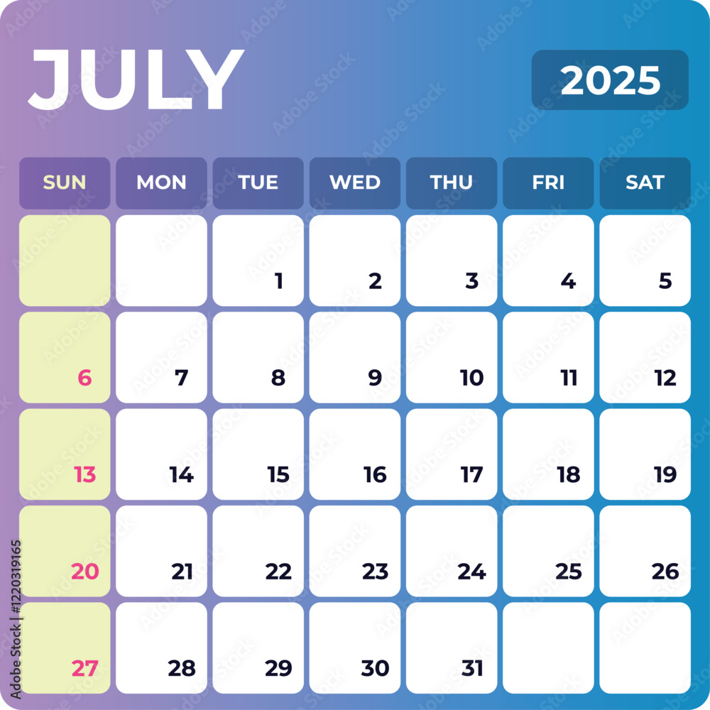 Monthly calendar for July 2025. The week begins on Sunday. Time ...