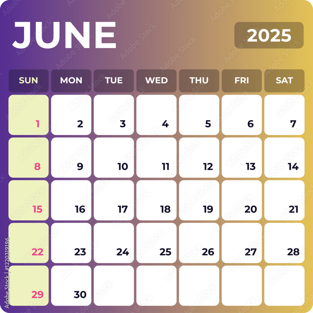 Monthly calendar for June 2025. The week begins on Sunday. Time ...