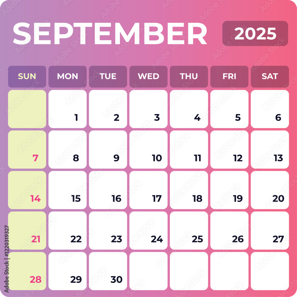Monthly calendar for September 2025. The week begins on Sunday. Time ...