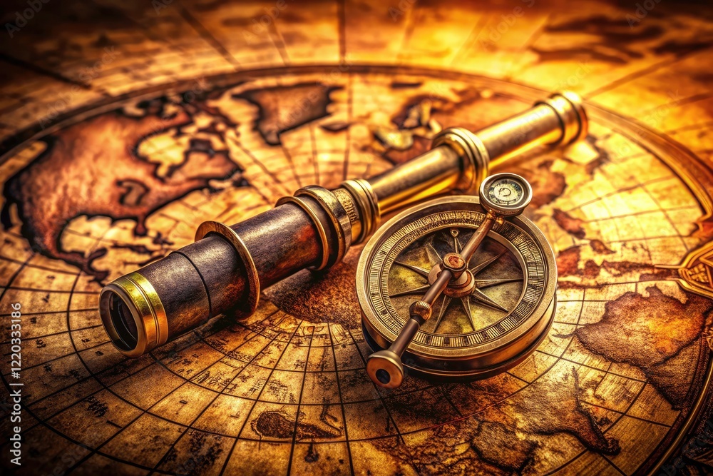 Vintage explorer's kit: compass, telescope, aged map. Travel ...