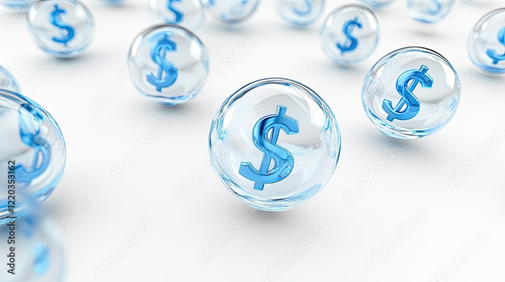 Floating transparent blue euro symbols with reflective 3D finishes on a ...