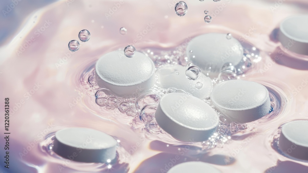Effervescent aspirin tablet with underwater bubble. Fizzy white ...