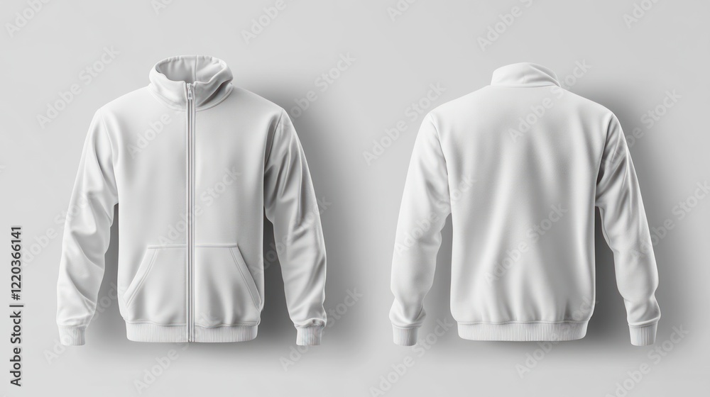 White tracksuit jacket template, front and back view, isolated on a ...