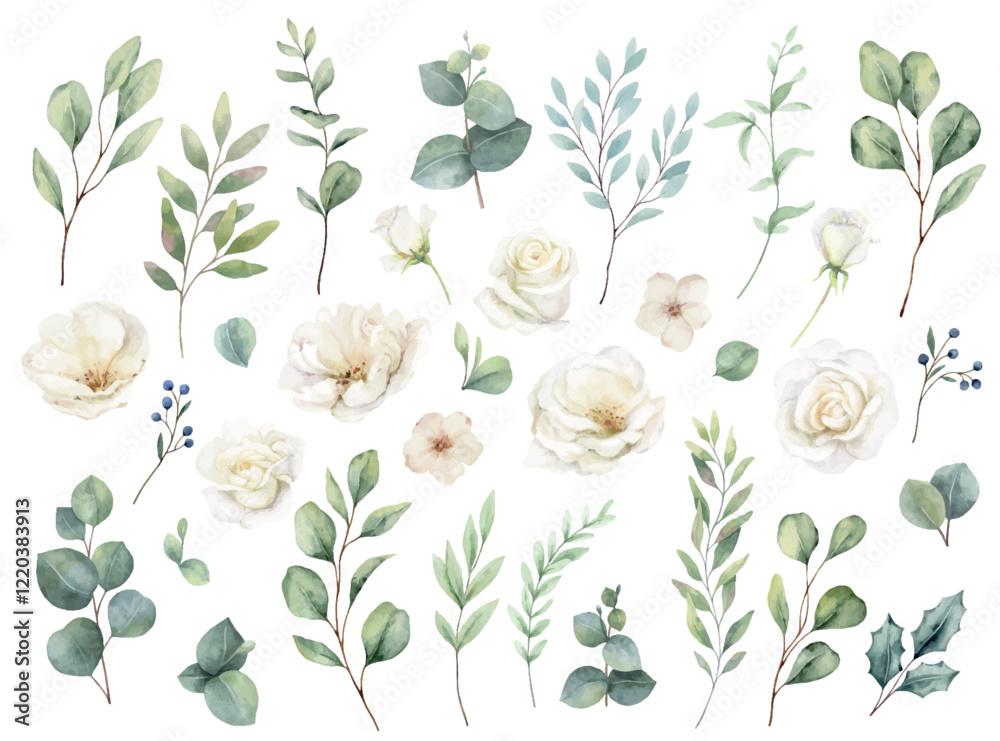 Watercolor vector set with green eucalyptus leaves and white roses ...