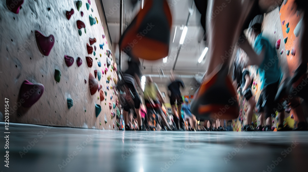 A photograph of people climbing bouldering walls in an indoor rock ...