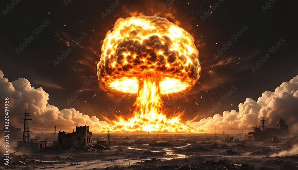 Fiery Nuclear Explosion Devastation Dark Sky Landscape Stock Photo ...