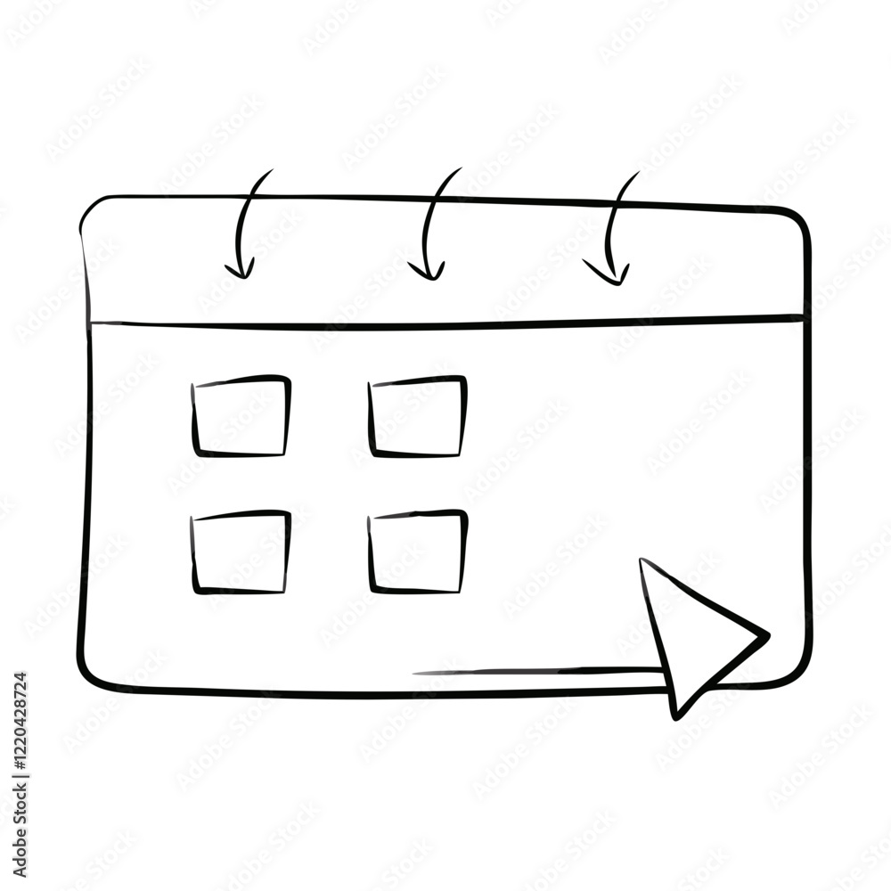 Simple black and white sketch of a calendar with an arrow cursor Stock ...