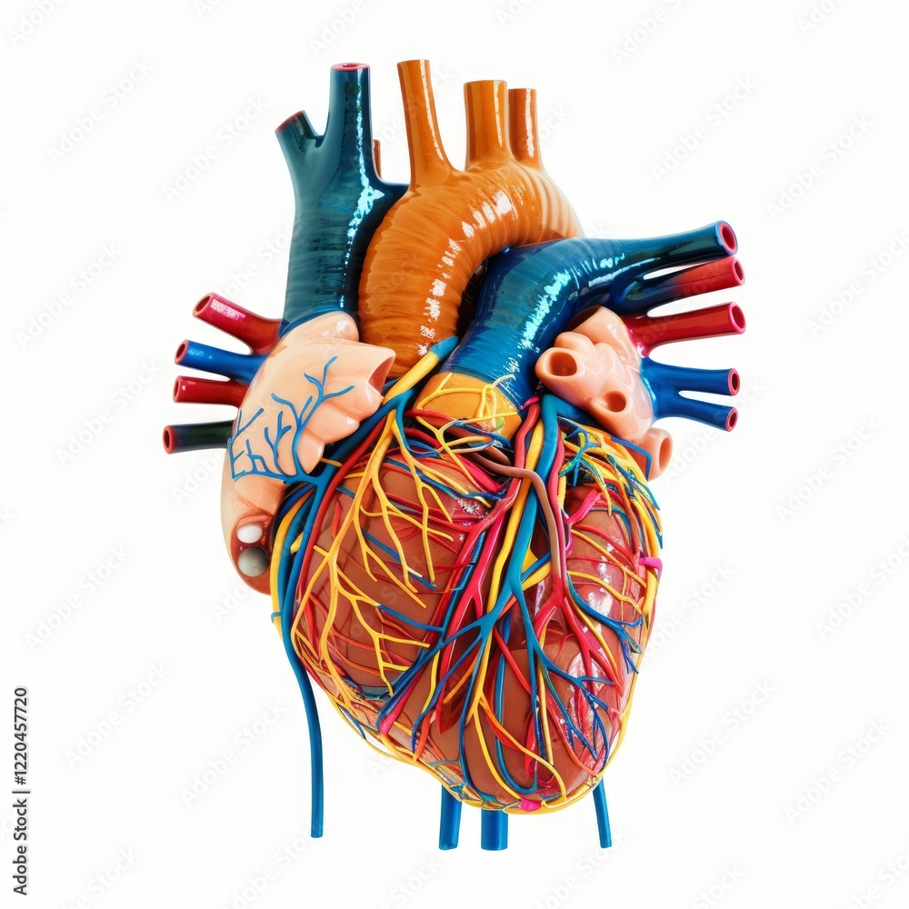 Colorful anatomical model of the human heart showing veins and arteries ...