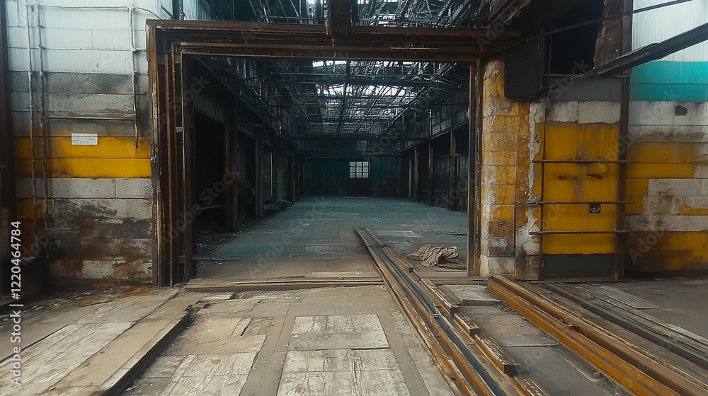 Inside of old abandon factory. A structure interior of empty industry ...