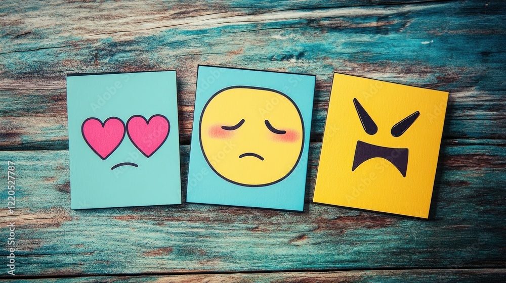 Cards with facial expressions and pink heart symbols on them, some ...