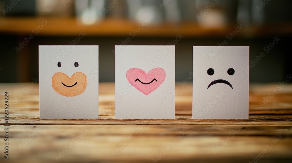 Cards with facial expressions and pink heart symbols on them, some ...