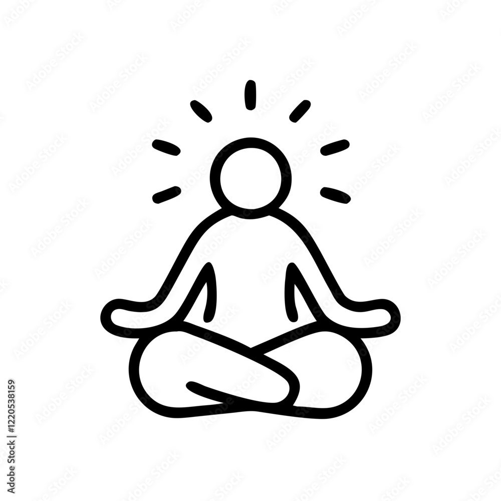 Meditating figure icon with rays in black outline style Stock Vector ...