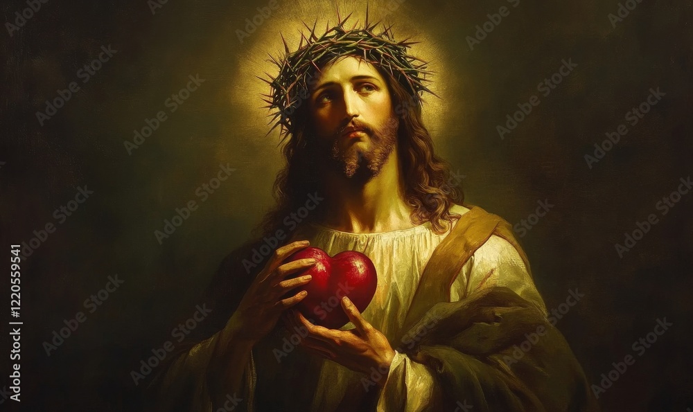 Sacred Heart of Jesus in Crown of Thorns, Religious Art Painting, Jesus ...