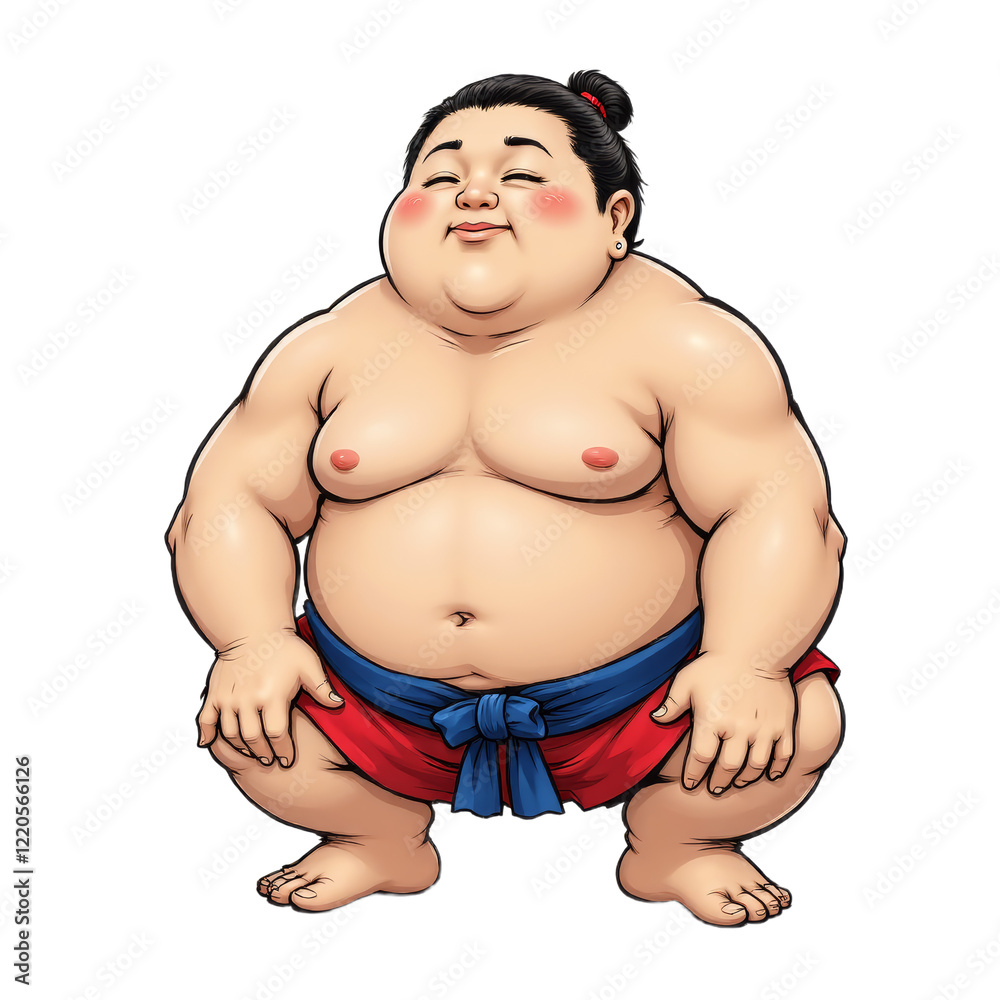 Cartoon of a sumo wrestler squatting with a blue belt, red cloth, and a ...