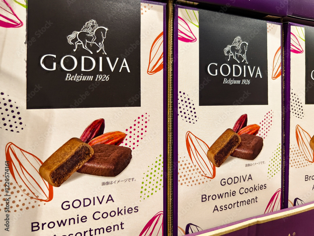 Godiva brownie cookies assortment displayed at a supermarket with detailed packaging design ...