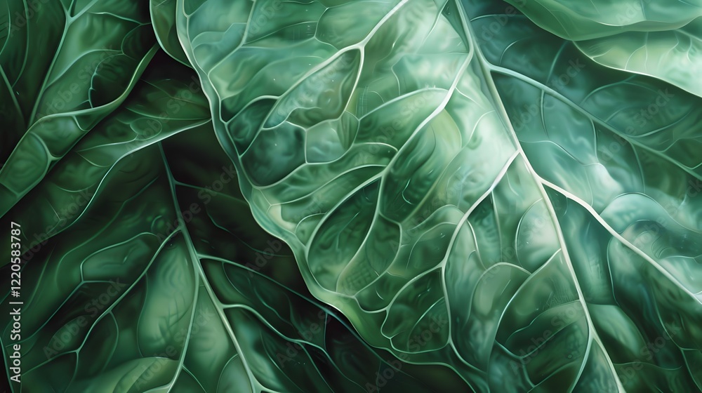 A hyper-realistic close-up of a vibrant green leaf with visible veins ...