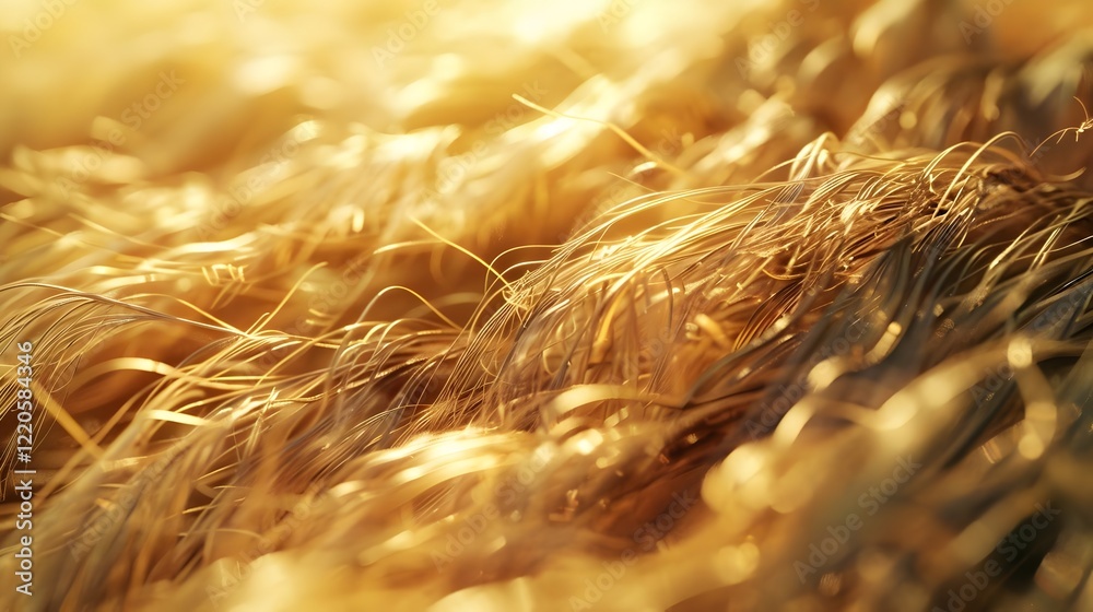 A hyper-realistic close-up of a pile of dry straw in golden hues, with ...
