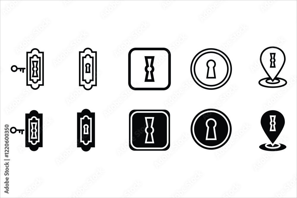 Keyhole and key folder icon set black on white background. Mysterious ...