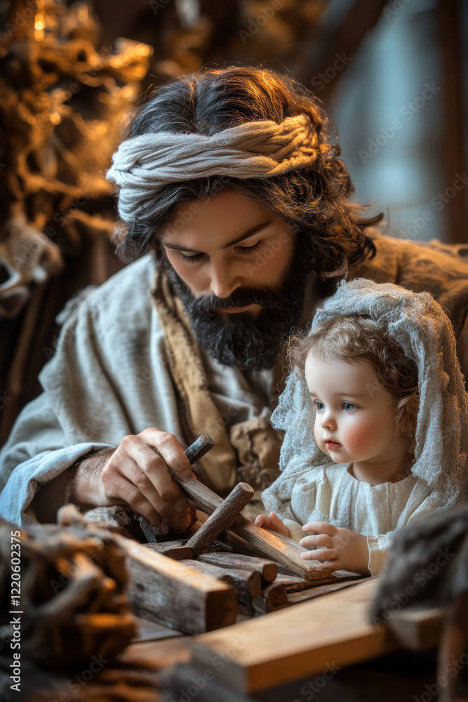 Working St Joseph the carpenter and baby Jesus with Mary. AI generative ...
