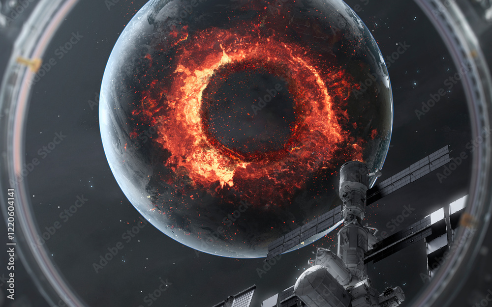 3D illustration of Earth planet disaster. Explosion in space. High ...