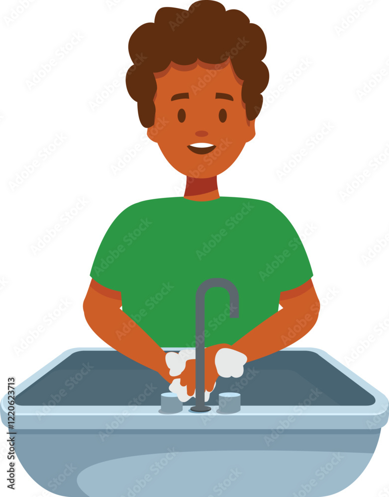 Cartoon illustration of a young boy carefully washing his hands with ...