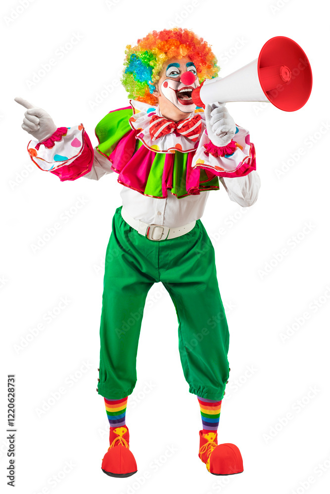 Funny clown shouting with loudspeaker. Entertainer Joker in colorful ...