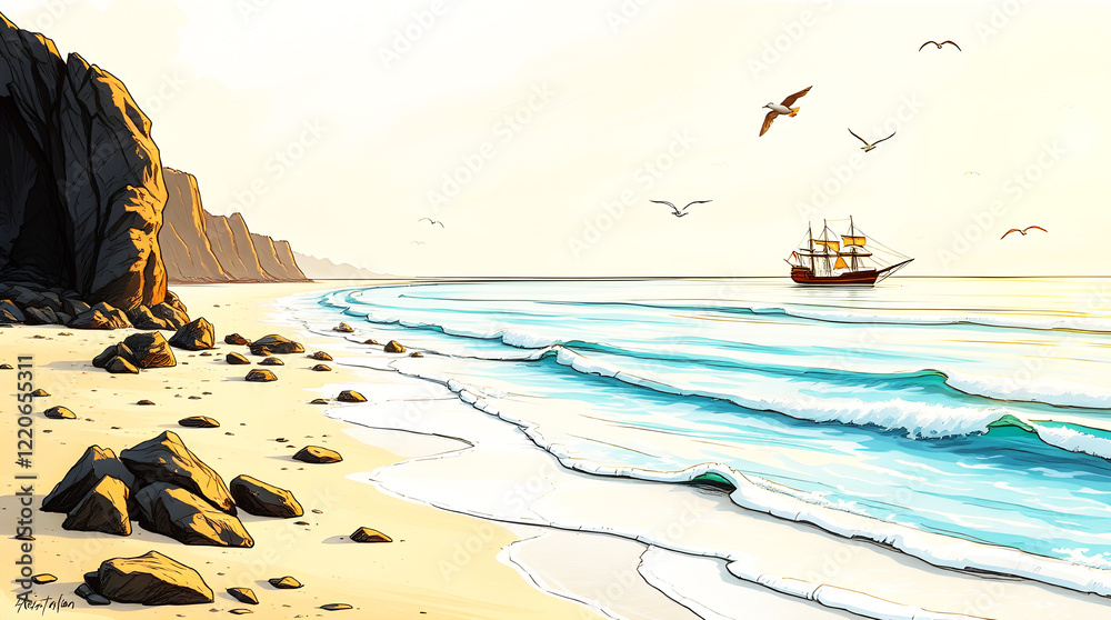 Hand-drawn sketch, color sketchnote style epic scene, peaceful sea ...