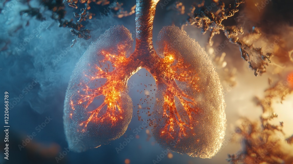 human lungs showing PM 2.5 dust particles entering the alveoli and how they affect oxygen ...