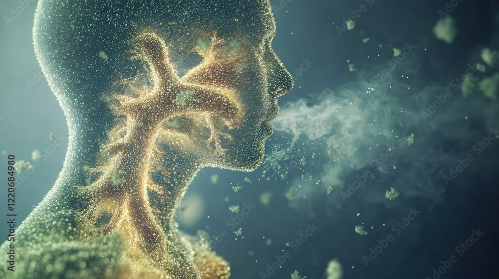 person coughing after inhaling fine dust particles, showing the particles in the air and their ...