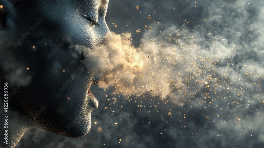 person coughing due to the inhalation of fine dust particles, depicting ...