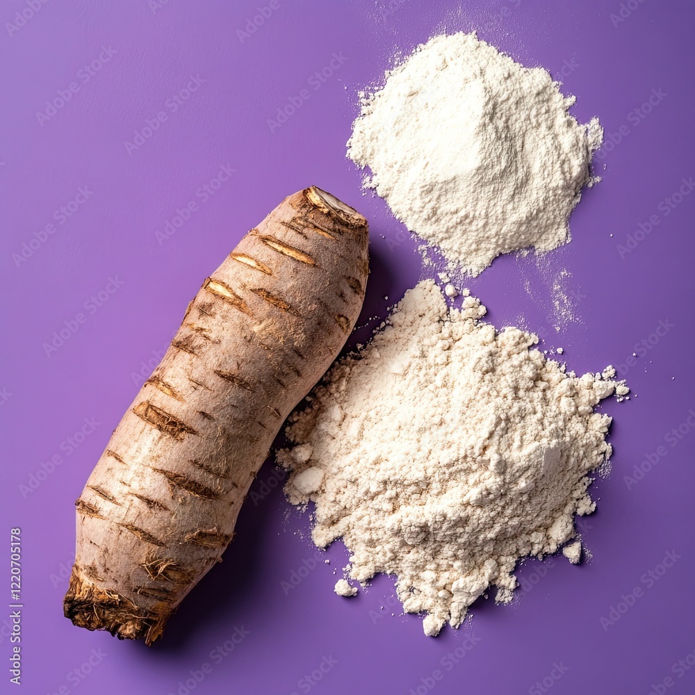 Cassava tubers and cassava flour isolated on a purple background Stock ...
