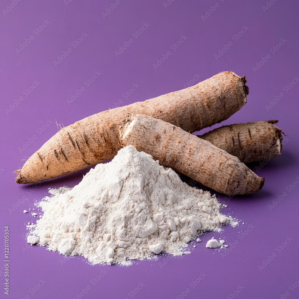 Cassava tubers and cassava flour isolated on a purple background Stock ...