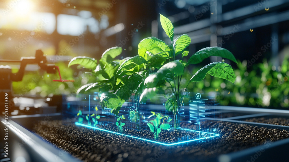 Fotografie Futuristic indoor farming technology. Plants growing in a ...
