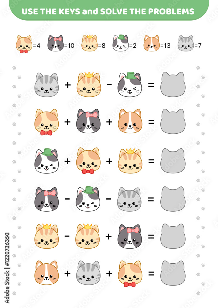 Use the keys and solve the problems. Cats faces. Math game. Addition ...