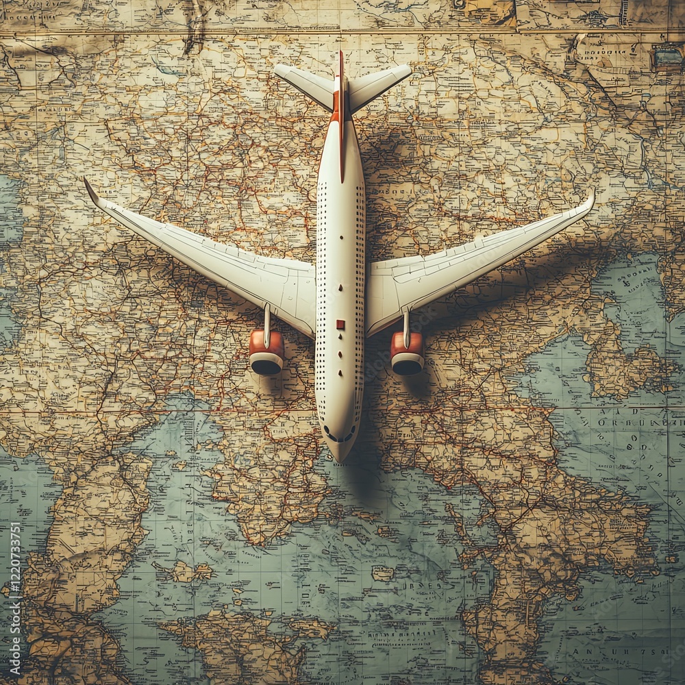 Airplane Over Vintage Map of Europe Stock Illustration | Adobe Stock