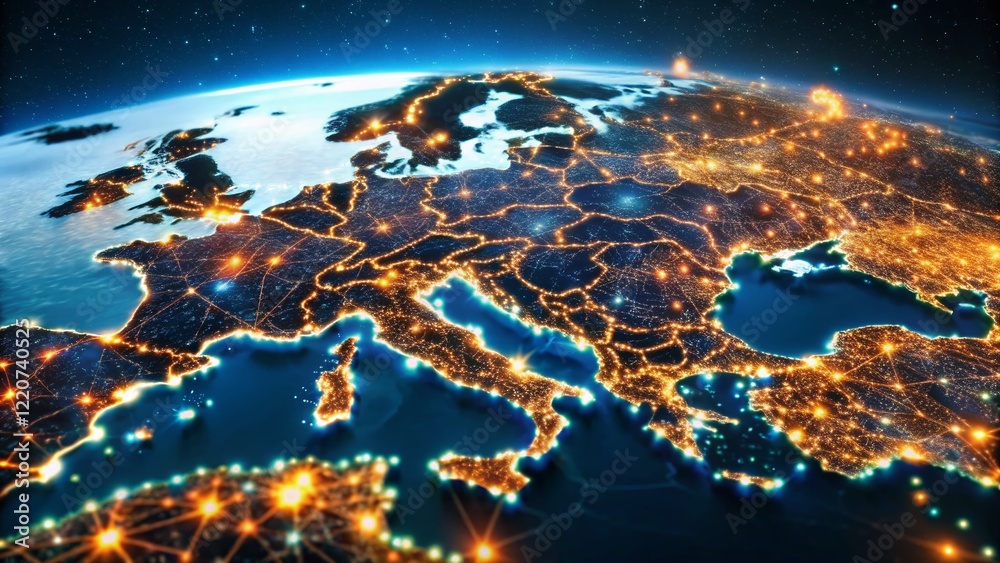 Ilustración de Stock Glowing Digital Map of Europe: Tracking Data and ...