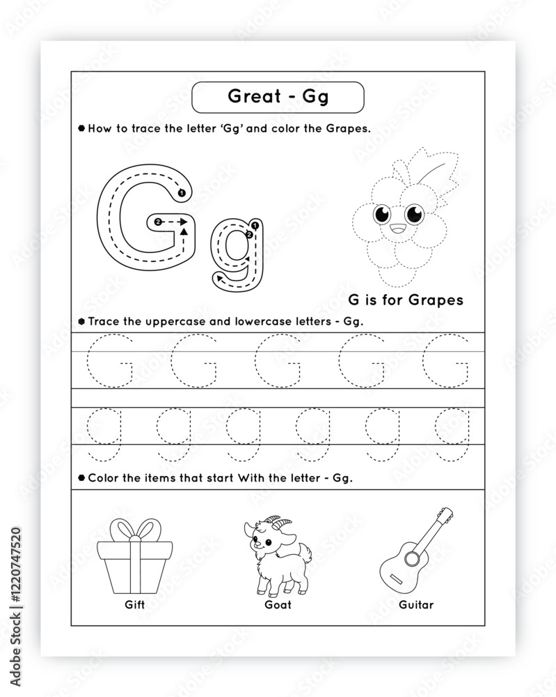 Letter G Tracing Worksheet with Goat, Gift, and Guitar Illustrations ...